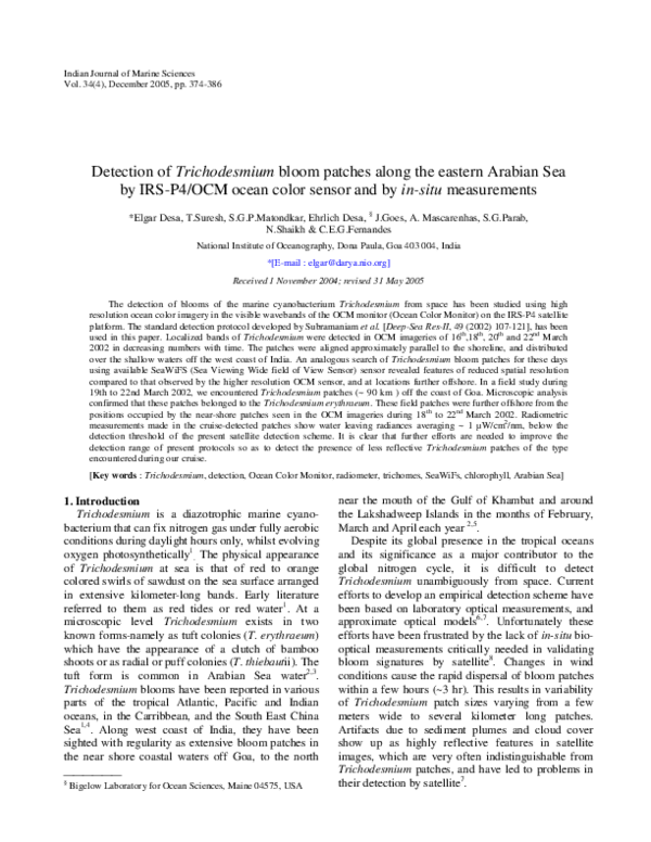 (PDF) Detection of Trichodesmium bloom patches along the eastern ...