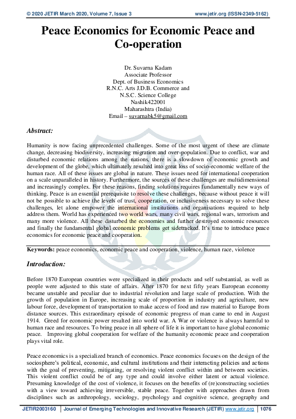 (PDF) Peace Economics for Economic Peace and Co-operation