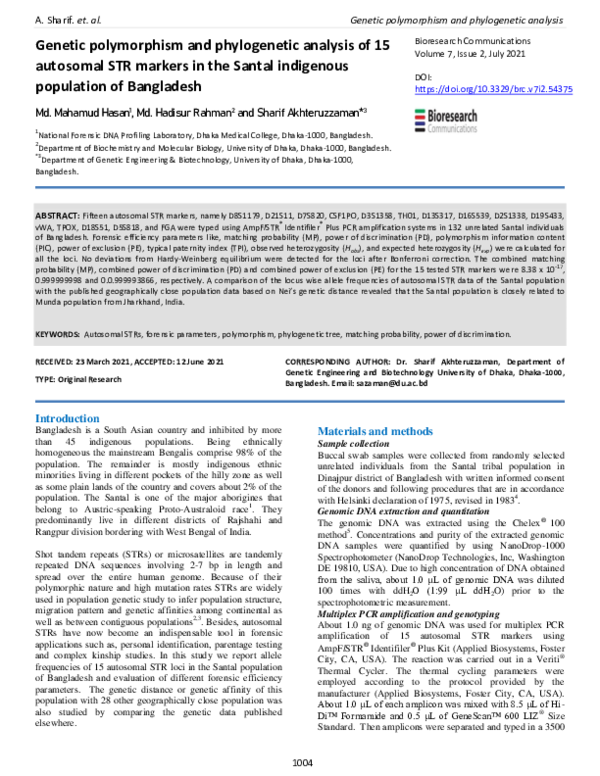 (PDF) Genetic polymorphism and phylogenetic analysis of 15 autosomal ...