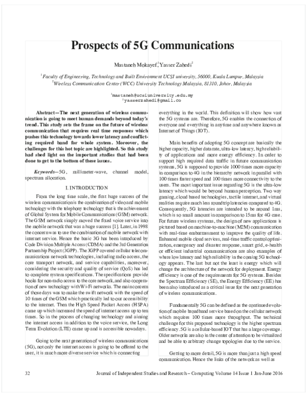 (PDF) Prospects of 5G Communications