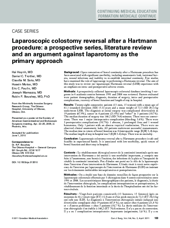 (PDF) Laparoscopic colostomy reversal after a Hartmann procedure: a prospective series ...