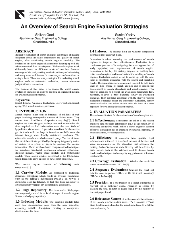(PDF) An Overview of Search Engine Evaluation Strategies