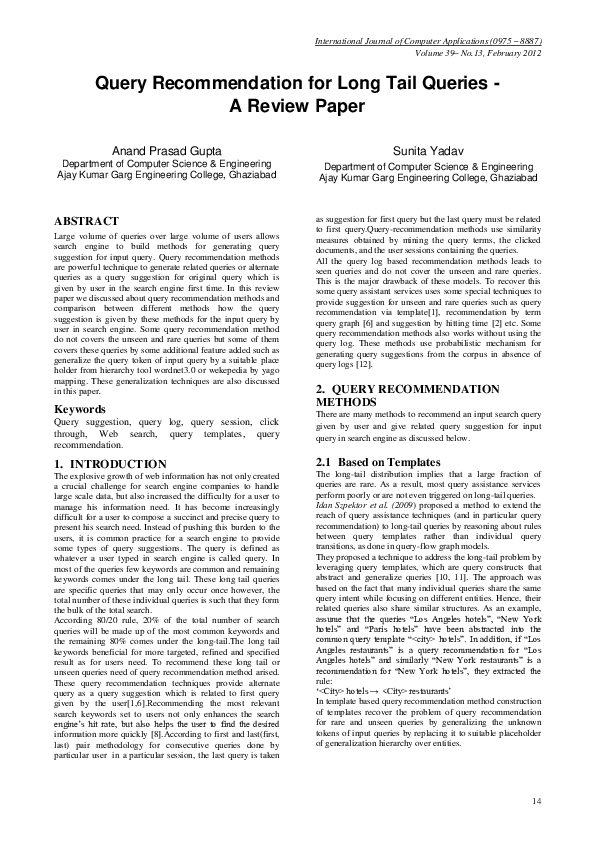 (PDF) Query Recommendation for Long Tail Queries-A Review Paper