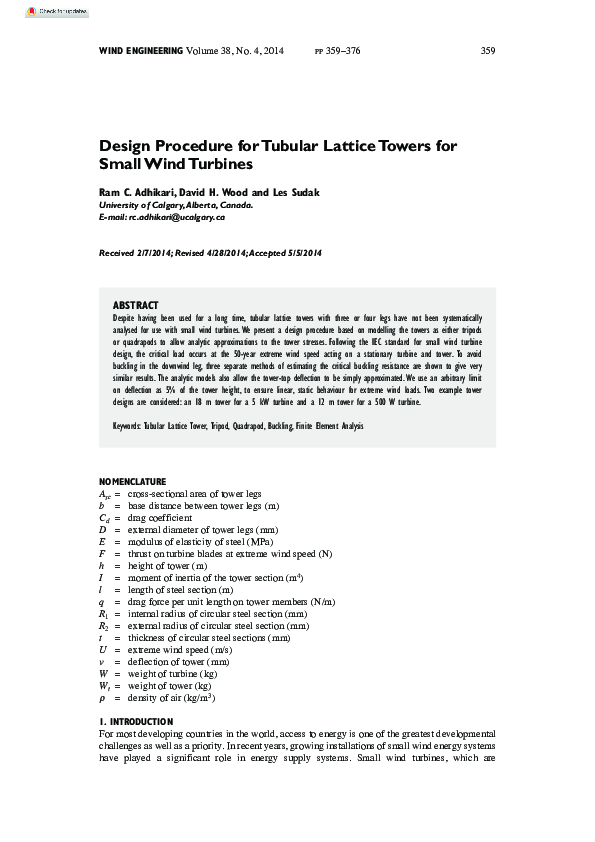 (PDF) Design Procedure for Tubular Lattice Towers for Small Wind Turbines