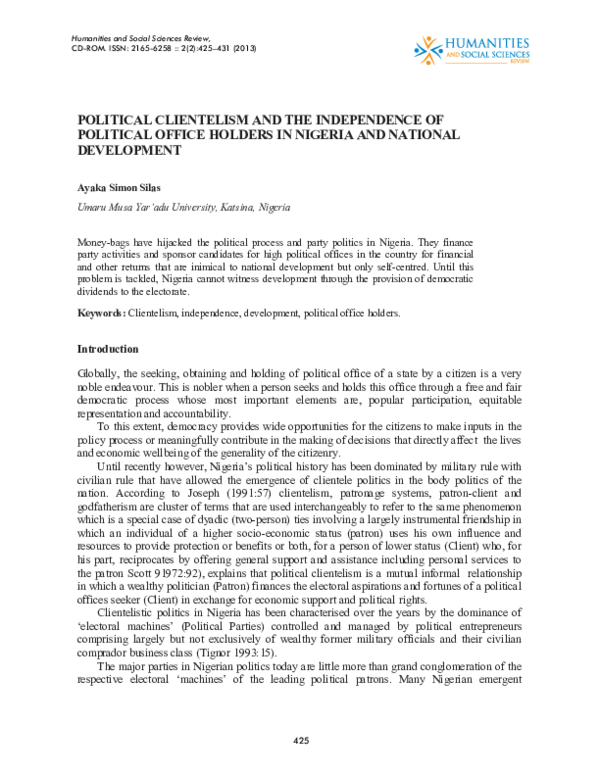 (PDF) Political Clientelism and the Independence of Political Office ...