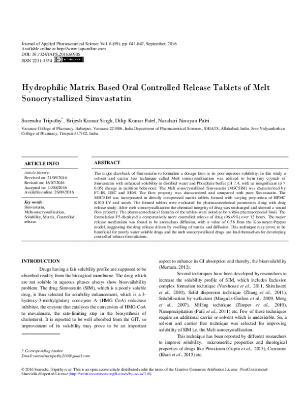 (PDF) Hydrophilic Matrix Based Oral Controlled Release Tablets of Melt ...