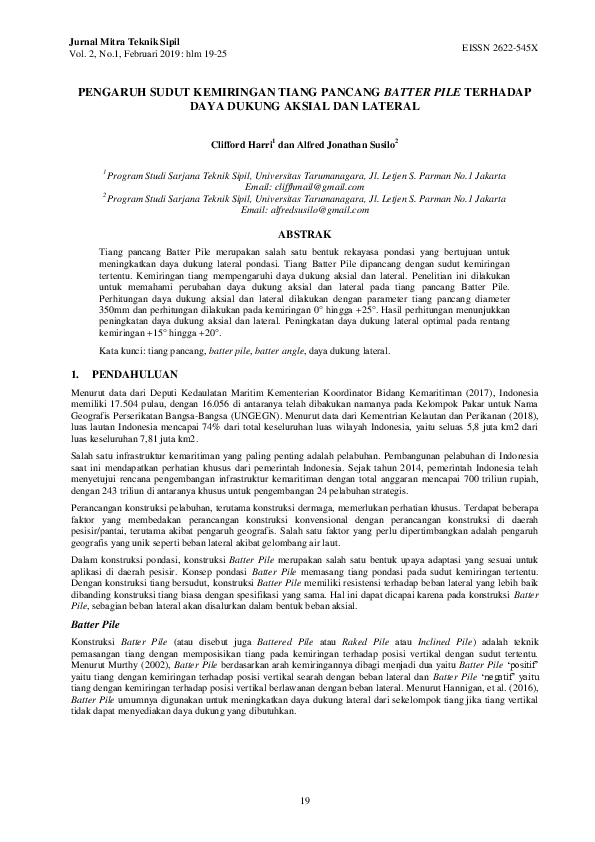 (PDF) Pengaruh Sudut Kemiringan Tiang Pancang Batter Pile Terhadap Daya Dukung Aksial Dan Lateral