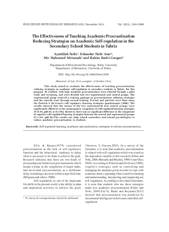 (PDF) The Effectiveness of Teaching Academic Procrastination Reducing Strategies on Academic ...