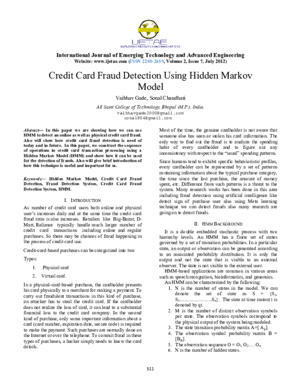 (PDF) Credit Card Fraud Detection Using Hidden Markov Model