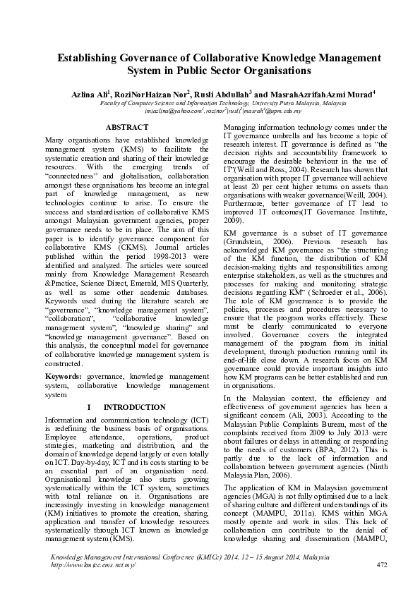 (PDF) Establishing governance of collaborative knowledge management system in public sector ...