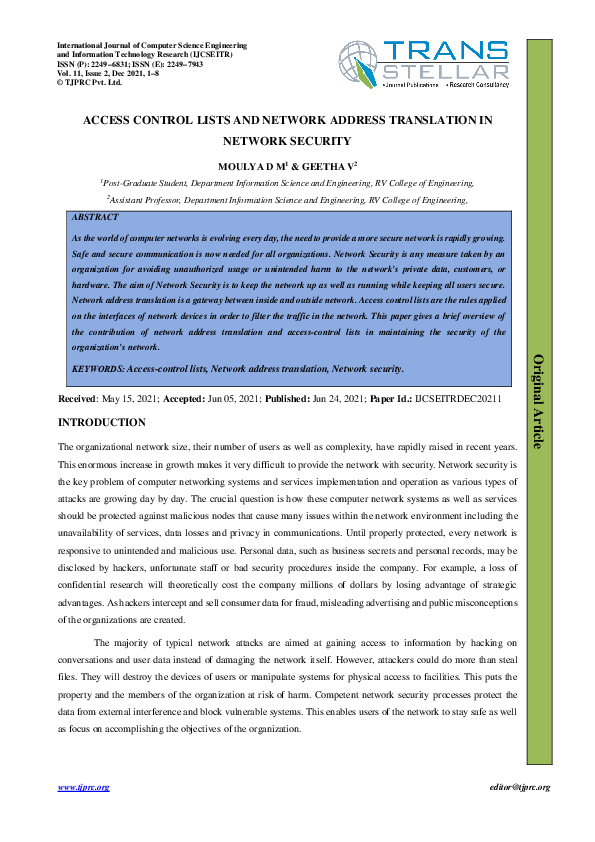 (PDF) ACCESS CONTROL LISTS AND NETWORK ADDRESS TRANSLATION IN NETWORK ...