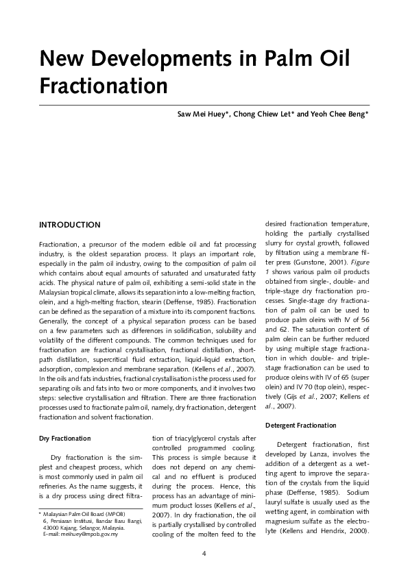 (PDF) New Developments in Palm Oil Fractionation
