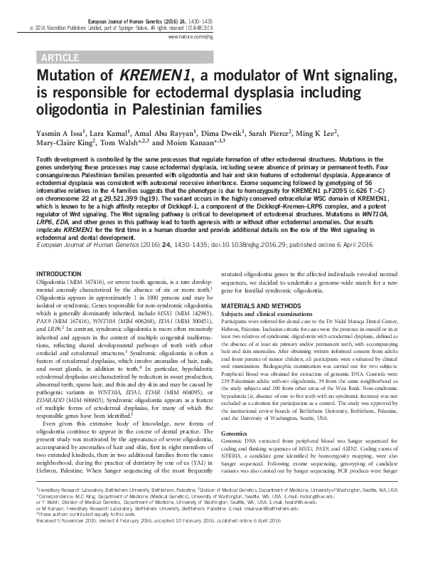 (PDF) Mutation of KREMEN1, a modulator of Wnt signaling, is responsible ...
