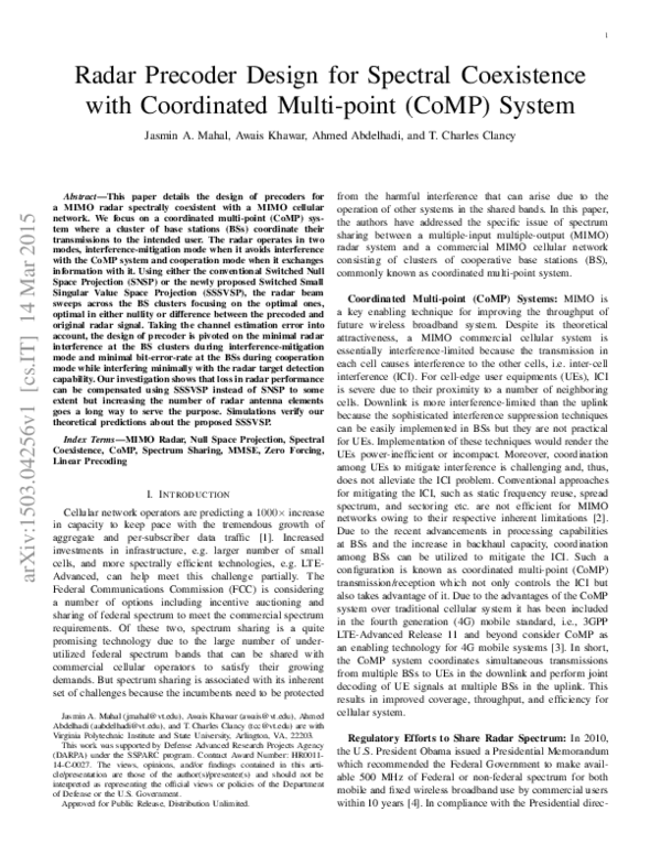 Pdf Radar Precoder Design For Spectral Coexistence With Coordinated Multi Point Comp System