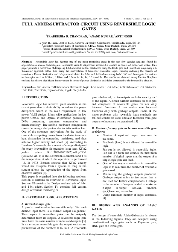 (PDF) Full Adder/Subtractor Circuit Using Reversible Logic Gates