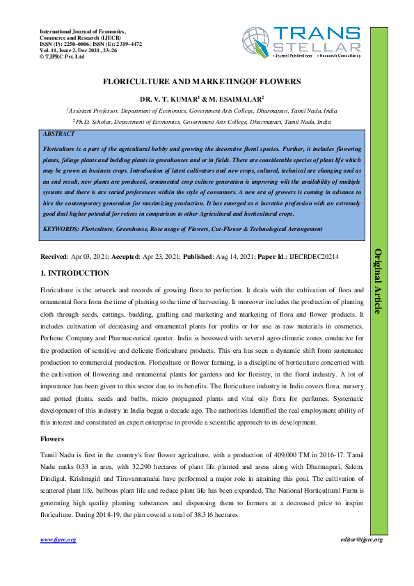 (PDF) FLORICULTURE AND MARKETINGOF FLOWERS