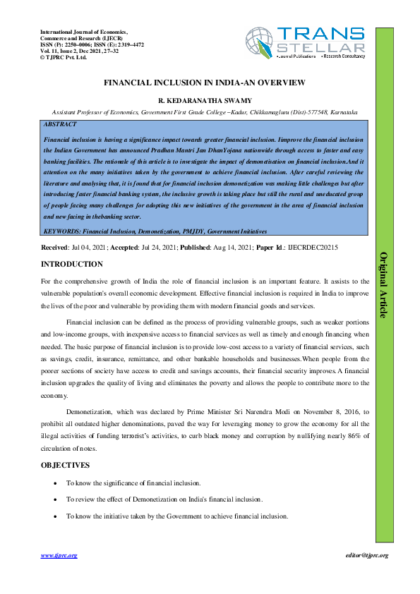 (PDF) FINANCIAL INCLUSION IN INDIA-AN OVERVIEW