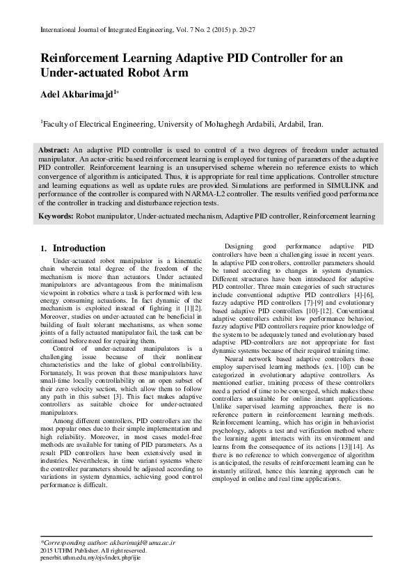 (PDF) Reinforcement Learning Adaptive PID Controller for an Under-actuated Robot Arm