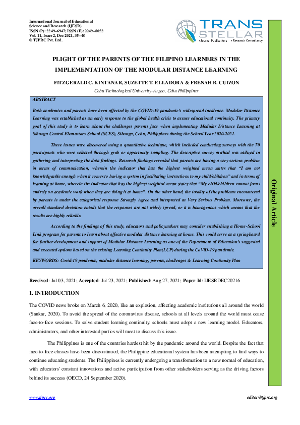 (PDF) PLIGHT OF THE PARENTS OF THE FILIPINO LEARNERS IN THE ...
