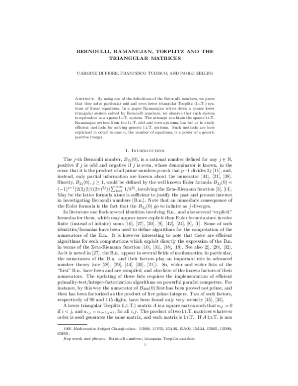 Pdf Bernoulli Ramanujan Toeplitz And The Triangular Matrices P Zellini