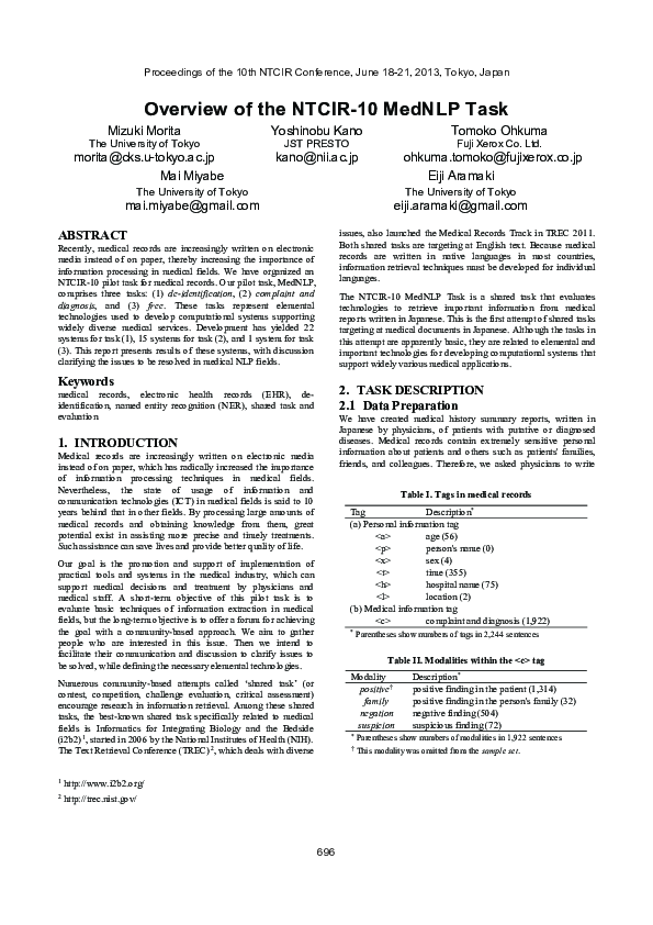 (PDF) Overview of the NTCIR-10 MedNLP Task