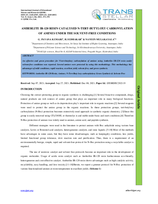 (PDF) AMBERLITE IR-120 RESIN CATALYSED N-TERT-BUTYLOXY CARBONYLATION OF ...