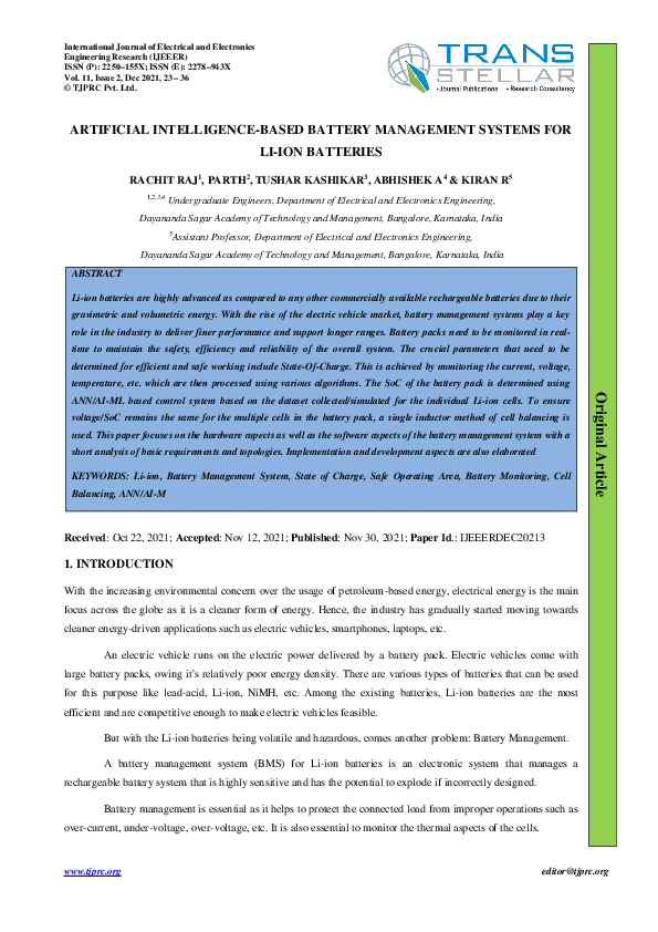 (PDF) ARTIFICIAL INTELLIGENCE-BASED BATTERY MANAGEMENT SYSTEMS FOR LI ...