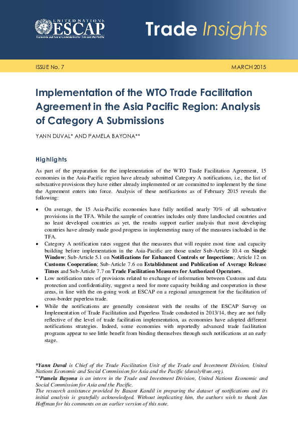(PDF) Implementation of the WTO Trade Facilitation Agreement in the Asia-Pacific Region ...