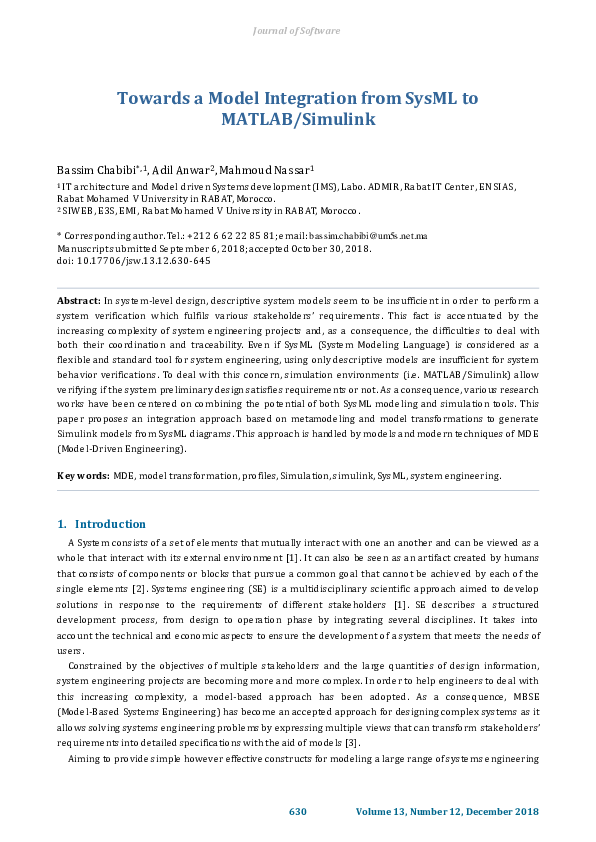 (PDF) Towards a Model Integration from SysML to MATLAB/Simulink