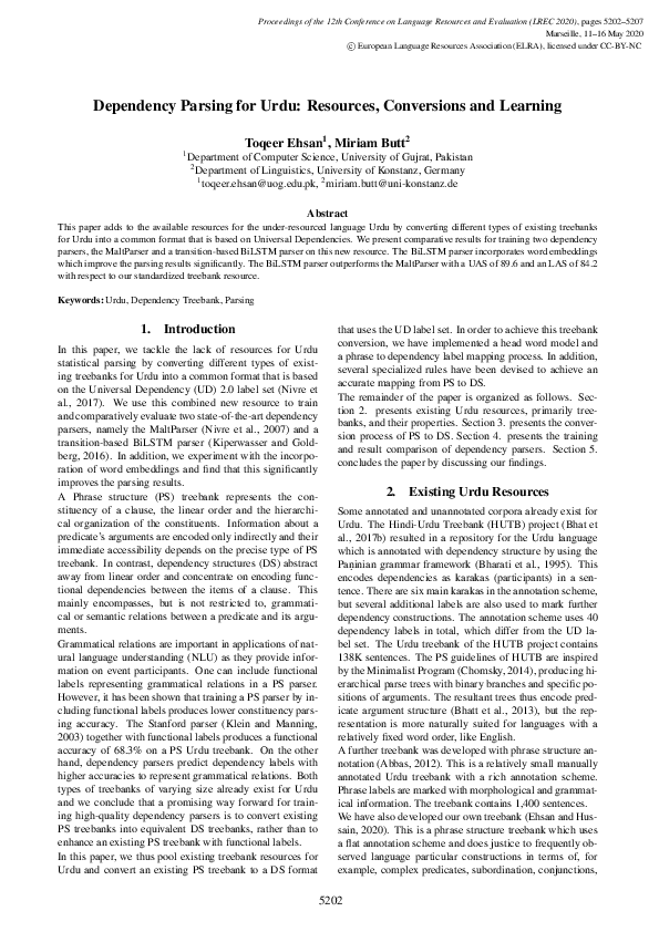 (PDF) Dependency Parsing for Urdu: Resources, Conversions and Learning | Toqeer Ehsan - Academia.edu