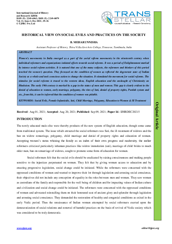 (PDF) HISTORICAL VIEW ON SOCIAL EVILS AND PRACTICES ON THE SOCIETY