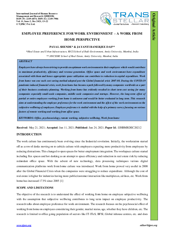 (PDF) EMPLOYEE PREFERENCE FOR WORK ENVIRONMENT -A WORK FROM HOME ...