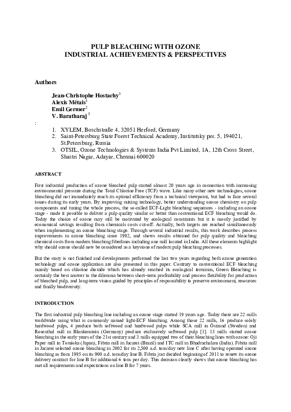 (PDF) Pulp Bleaching with Ozone Industrial Achievements & Perspectives