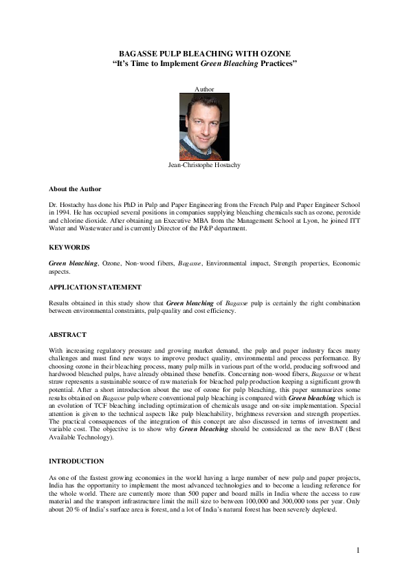 (PDF) BAGASSE PULP BLEACHING WITH OZONE “ It ’ s Time to Implement ...