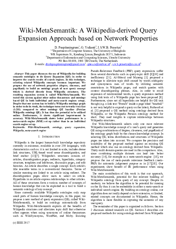 (PDF) Wiki-MetaSemantik: A Wikipedia-derived query expansion approach based on network properties