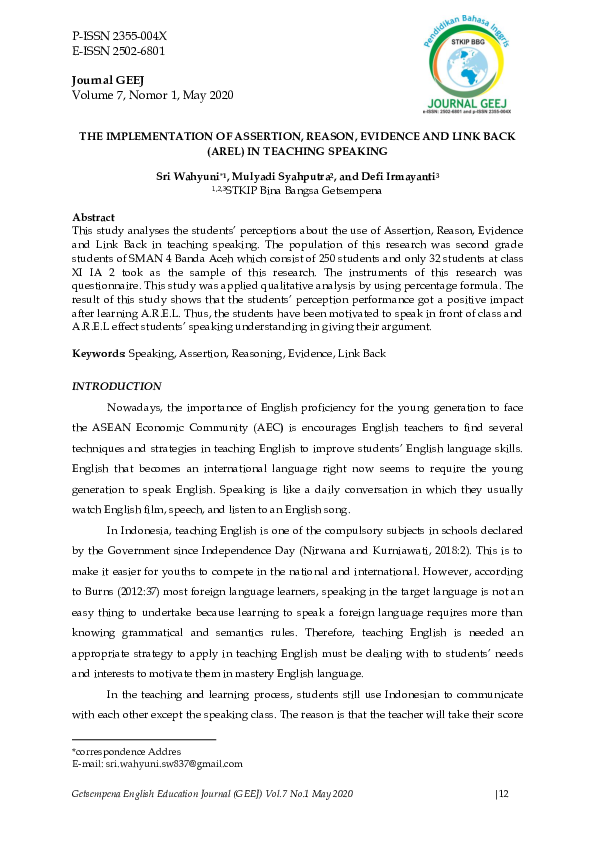 (PDF) The Implementation of Assertion, Reason, Evidence and Link Back ...