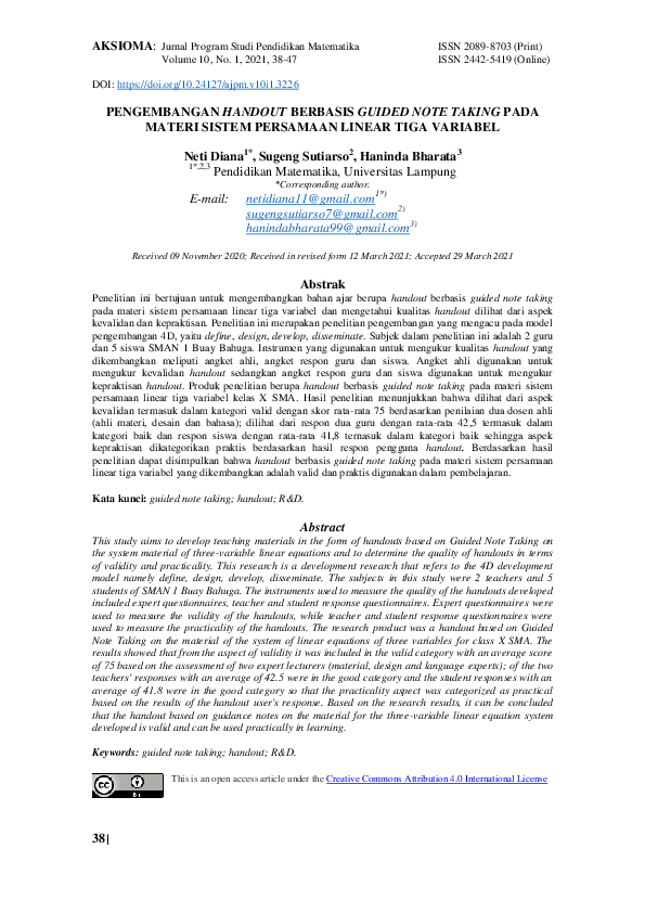 (PDF) Pengembangan Handout Berbasis Guided Note Taking Pada Materi Sistem Persamaan Linear Tiga ...