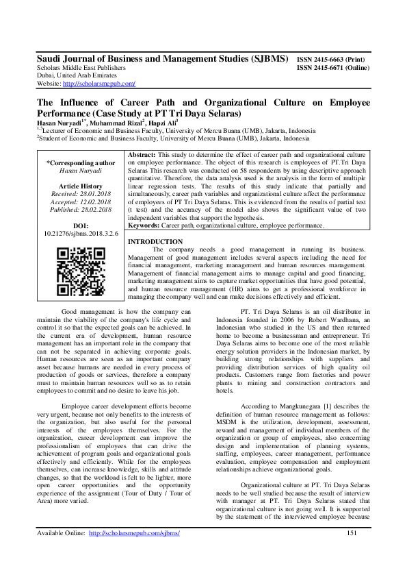 (PDF) The Influence of Career Path and Organizational Culture on Employee Performance ( Case ...