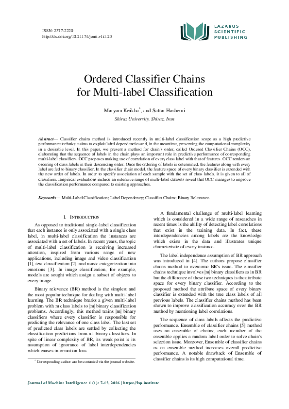 Pdf Ordered Classifier Chains For Multi Label Classification 8906