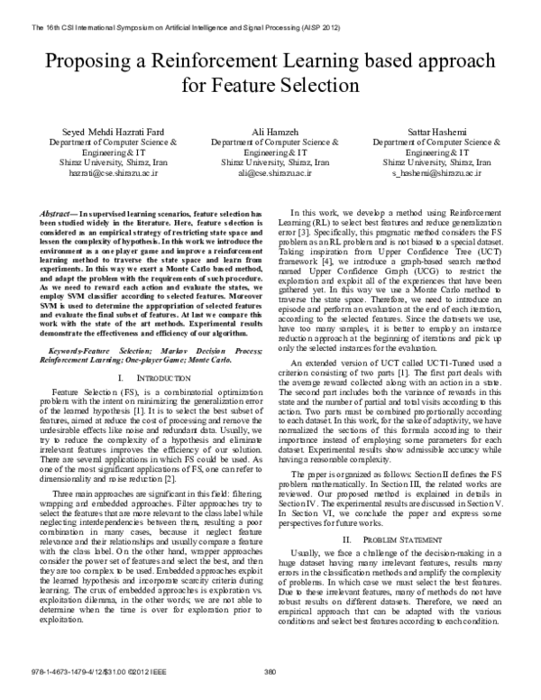 (PDF) Proposing a reinforcement learning based approach for feature selection