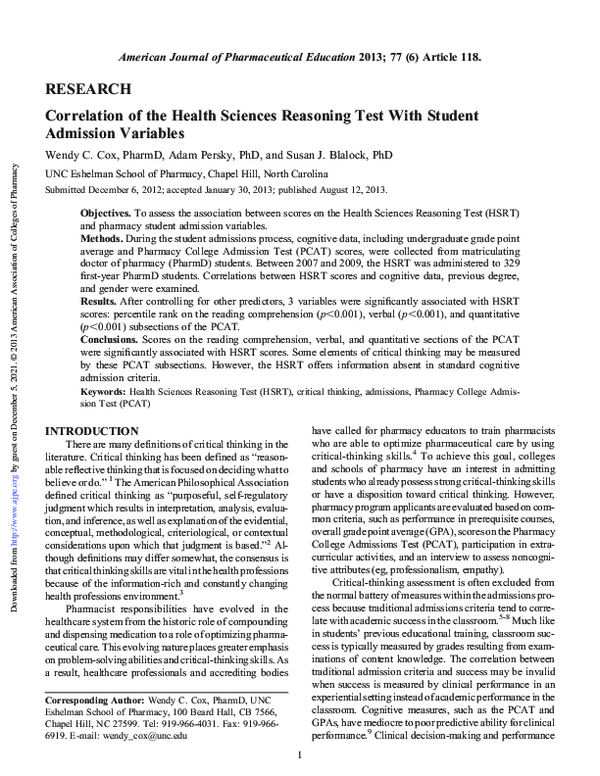 (PDF) Correlation of the Health Sciences Reasoning Test With Student ...