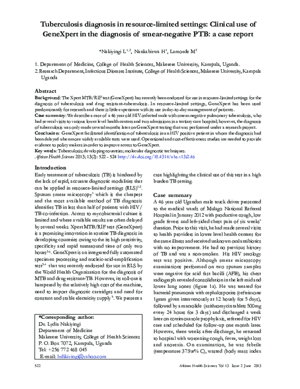 (PDF) Tuberculosis diagnosis in resource-limited settings: Clinical use ...