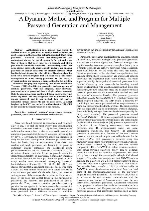 (PDF) A Dynamic Method and Program for Multiple Password Generation and ...