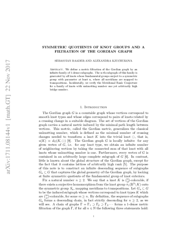 (PDF) Symmetric quotients of knot groups and a filtration of the Gordian graph | Alexandra ...
