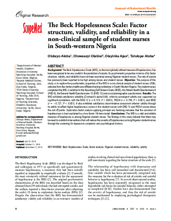 (PDF) The Beck Hopelessness Scale: Factor structure, validity and ...