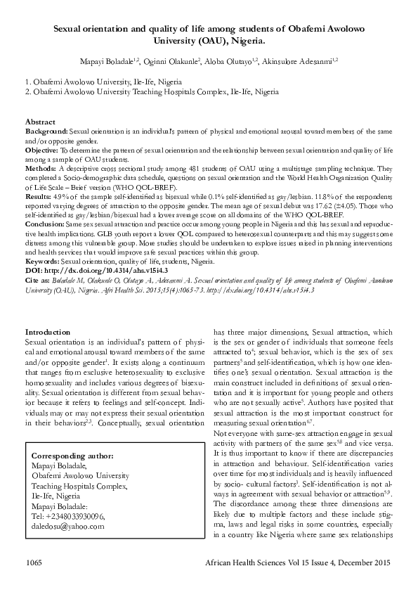 (PDF) Sexual orientation and quality of life among students of Obafemi ...