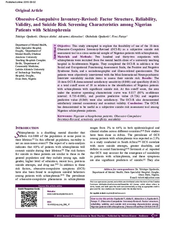 (PDF) Obsessive-Compulsive Inventory-Revised: Factor Structure ...