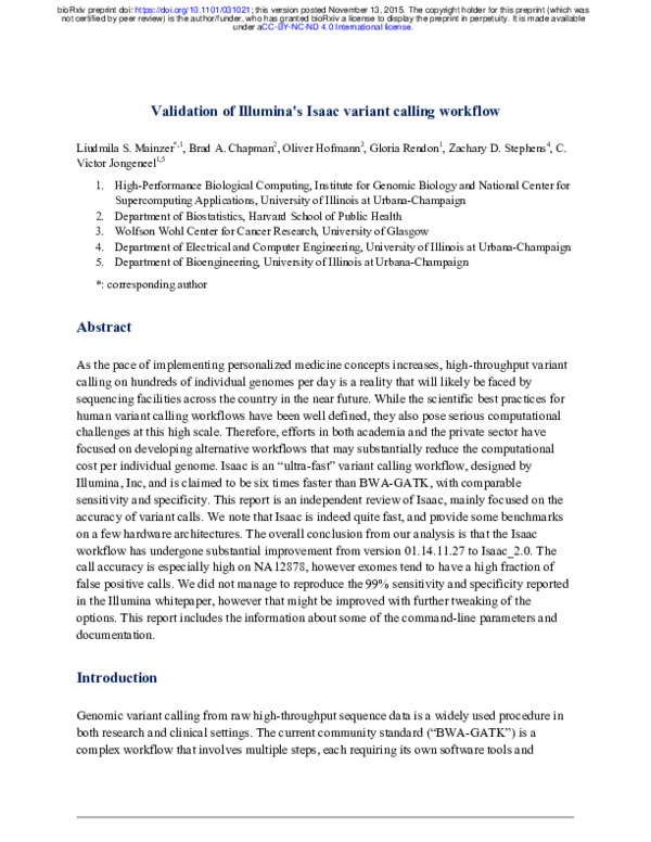 (PDF) Validation of Illumina's Isaac variant calling workflow