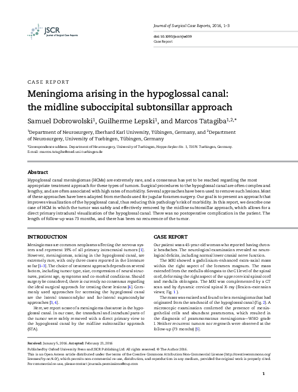 (PDF) Meningioma arising in the hypoglossal canal: the midline ...