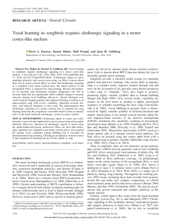 (PDF) Vocal learning in songbirds requires cholinergic signaling in a ...